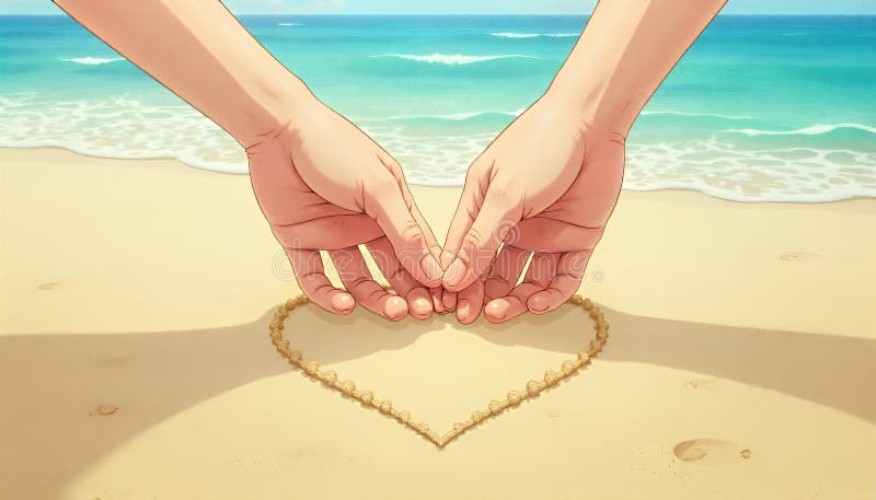 Two Hands Drawing Heart in Sand on Sunny Beach Stock Illustration ...