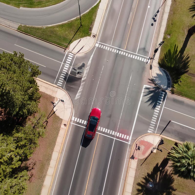 Aerial View of Intersection with Red Car. Generative AI Stock Image ...