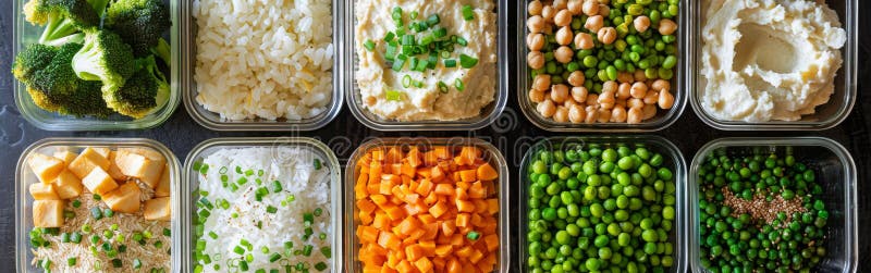 Overhead View of a Variety of Vegetables and Rice Stored in Plastic ...