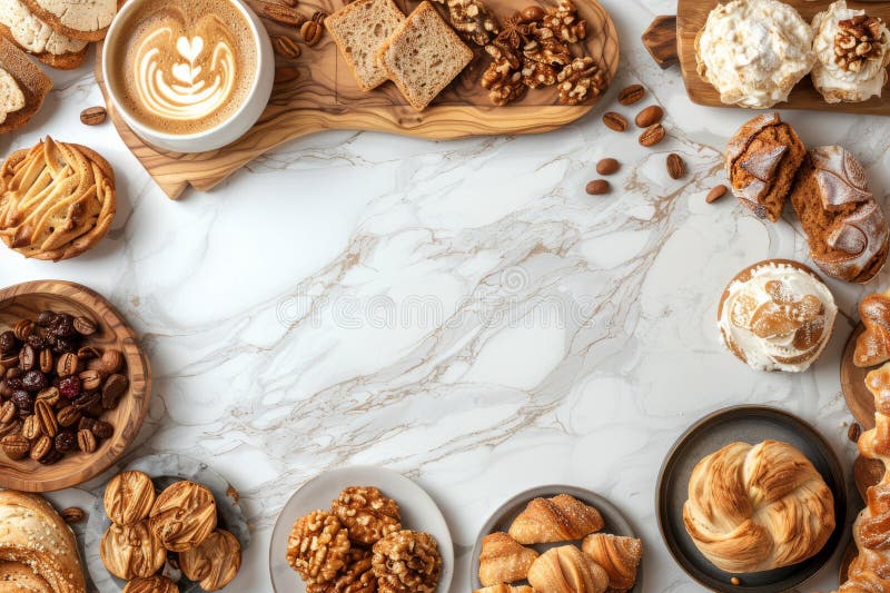 Overhead View of Various Coffee Cups and Snacks on a Marble Table ...