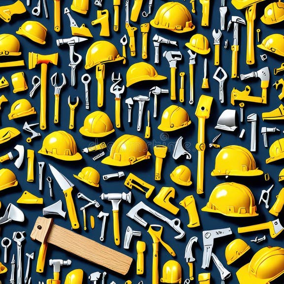 Overhead View of Various Construction Tools and Yellow Safety Helmets ...