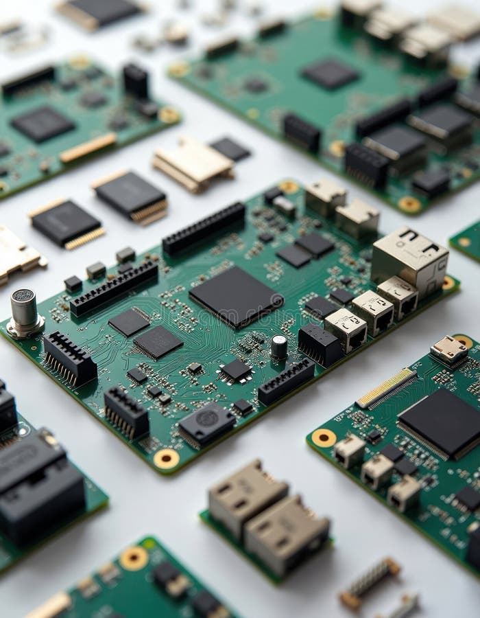 Overhead View of Various Electronic Components. Multiple Circuit Boards ...