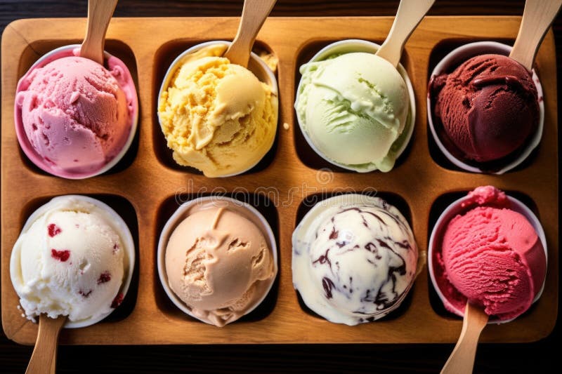 Overhead View of Various Ice Cream Scoops on a Wooden Tray Stock Image ...
