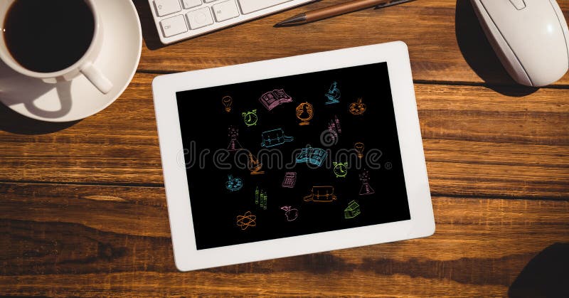 Overhead View of Various Icons in Tablet Computer on Table Stock Image ...