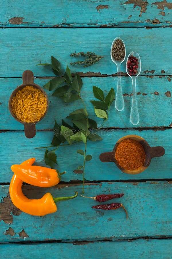 Spices and Herbs on Wooden Table Stock Image - Image of fresh, cuisine ...