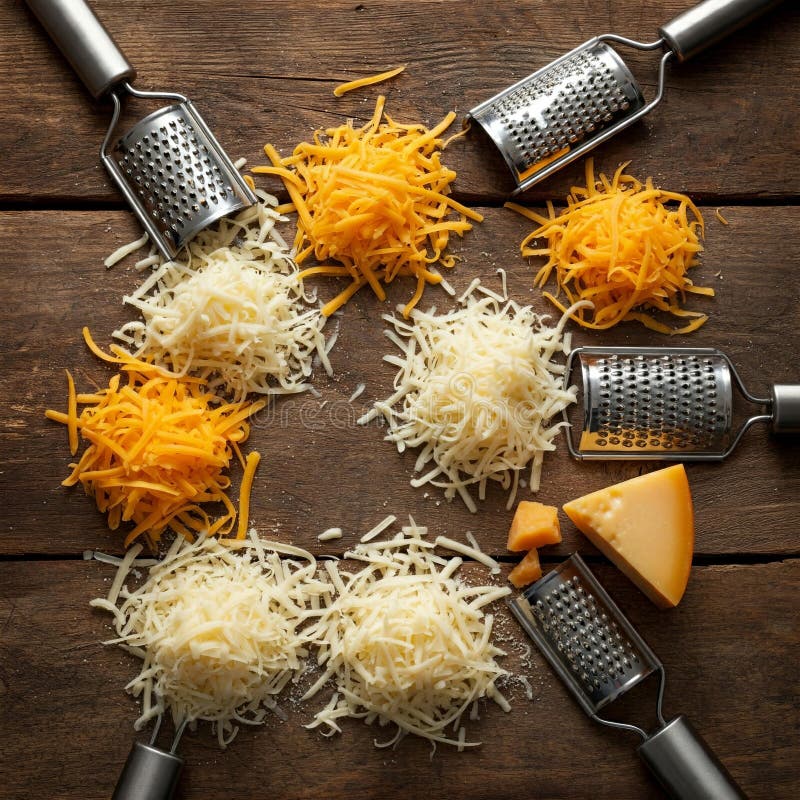 An Overhead View of Various Types of Grated Cheese on a Wooden Surface ...