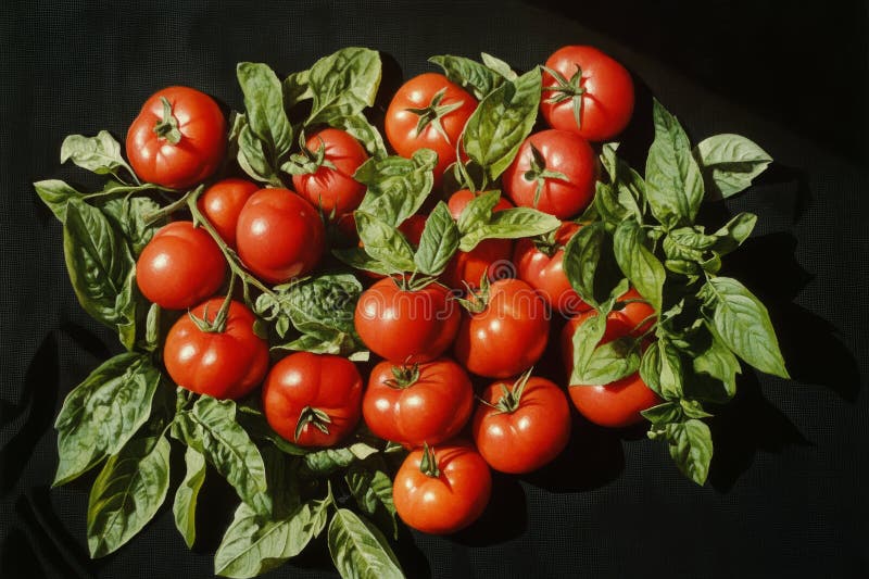 Overhead View of a Vibrant Still Life Featuring Fresh Tomatoes and ...