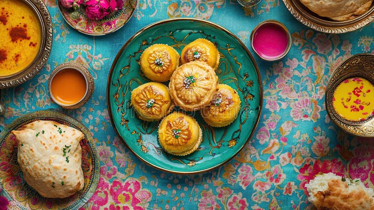 Overhead View of a Vibrant Table Setting Featuring Indian Sweets ...