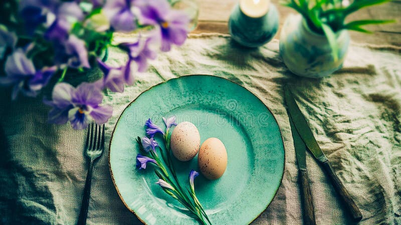 Overhead View of Vintage Table Setting with Iris Flowers on a Plate, Eggs Top View. Eating ...