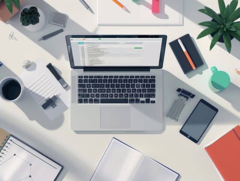 An Overhead View of a Virtual Desk with an Open Laptop Displaying an ...