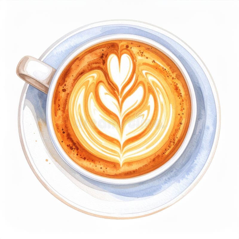Overhead View of Watercolor Latte Art Coffee Stock Illustration ...
