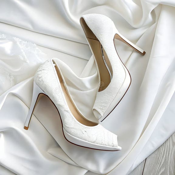 An Overhead View of Wedding White High Heels with White Background ...