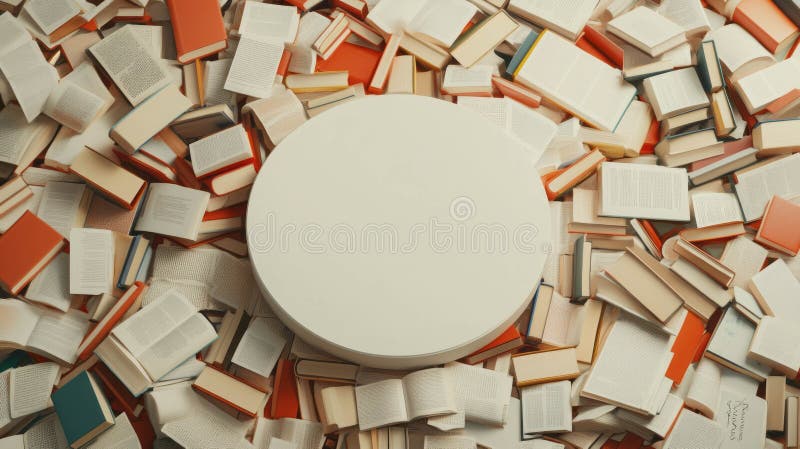 Overhead View of White Circular Podium Surrounded by Open Books for Educational Display Stock ...