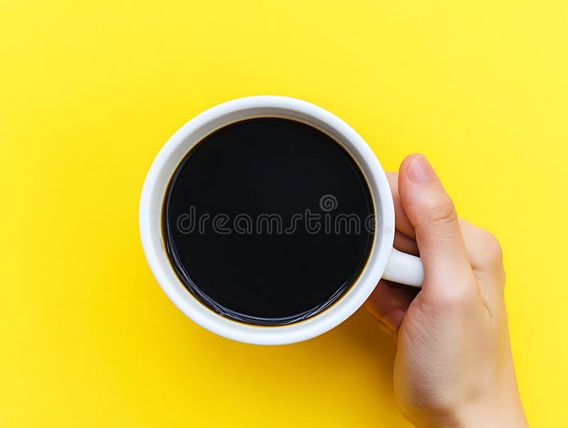 Overhead View of White Coffee Cup Held by Hand on Yellow Stock ...