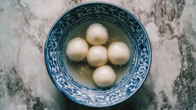 Overhead View of White Sweet Rice Balls in Blue Bowl Stock Illustration ...
