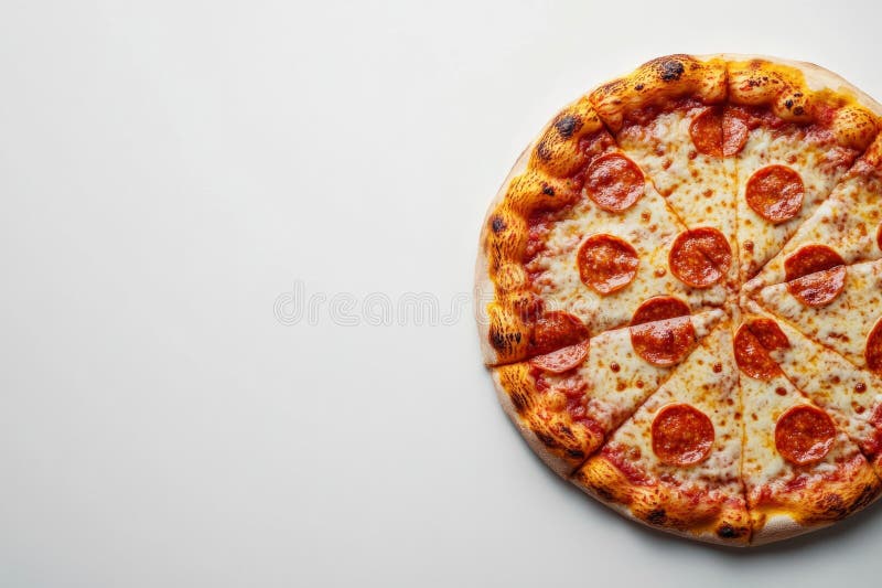 Overhead View of a Whole Pepperoni Pizza, Sliced into Even Triangles ...