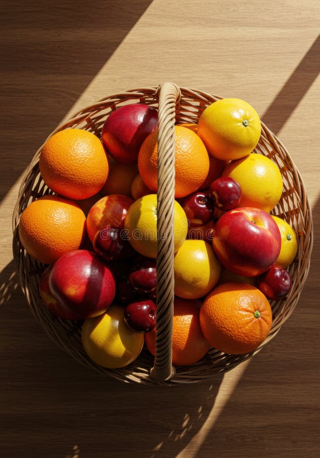 Overhead View of a Wicker Basket Filled with Fresh Oranges Apples and ...