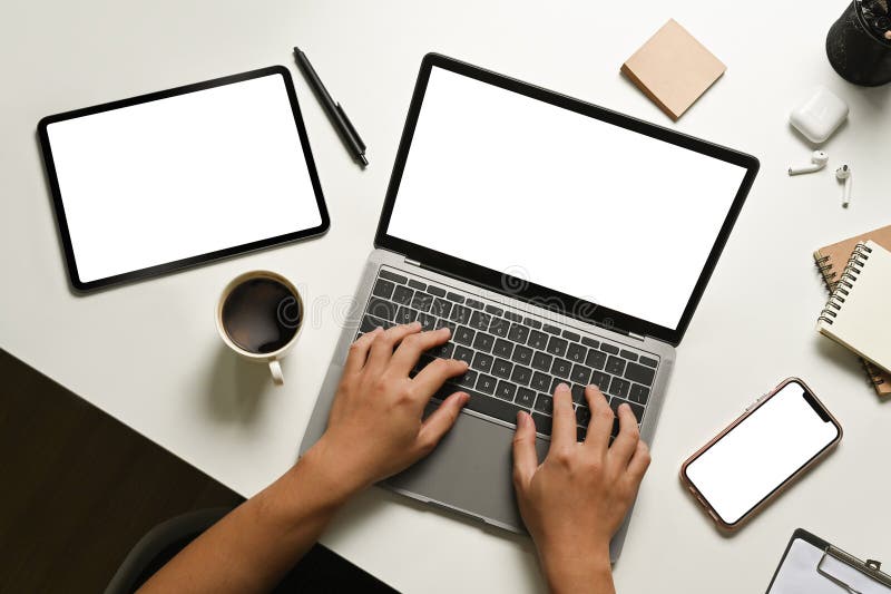 Overhead View of Woman Hands Typing on Laptop with Blank Empty Mockup ...