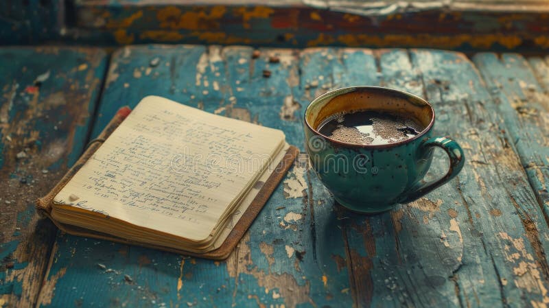 Overhead View of a Wood Table with a Coffee Cup and Journal Stock Photo ...