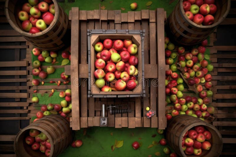 Overhead View of a Wooden Apple Press Surrounded by Apple Crates Stock ...