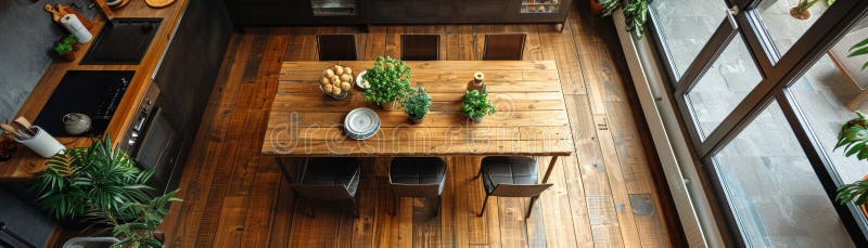 Overhead View of Wooden Dining Table with Chairs and Plants Stock ...