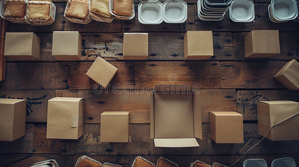 Overhead View of a Wooden Table with Various Cardboard Boxes and ...