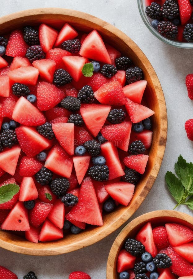Overhead View of a Wooden Tray Holding Watermelon and Berries. AI ...