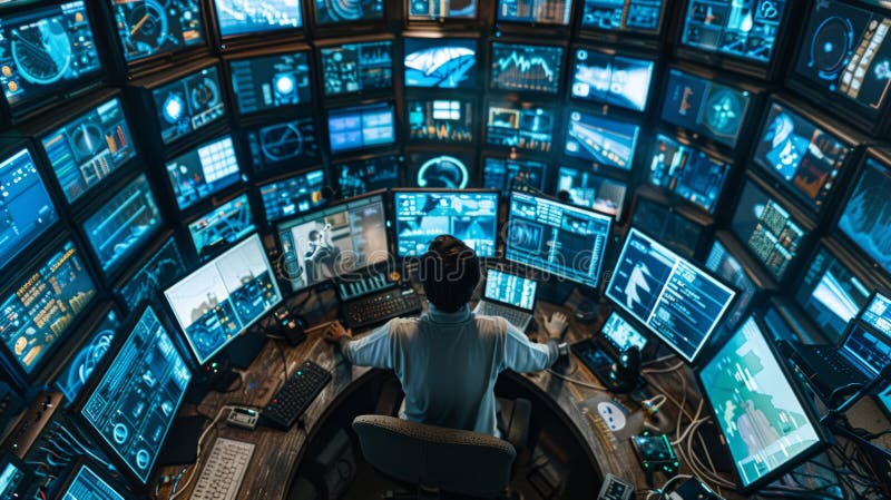 Overhead View of Worker in Control Center Filled with Digital Displays ...