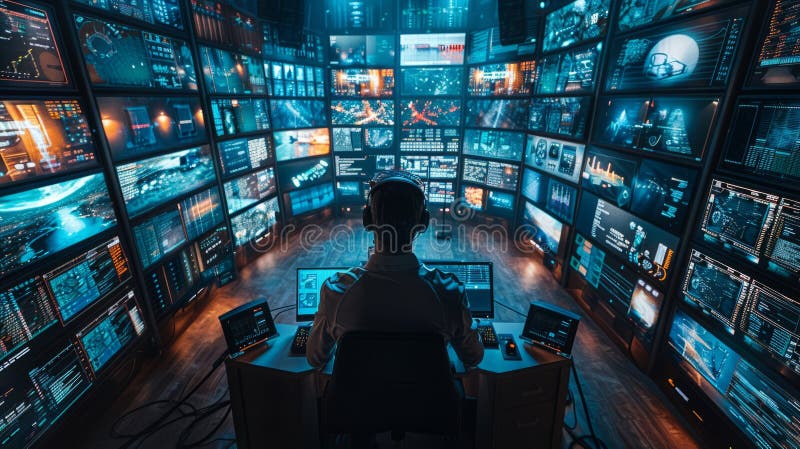 Overhead View of Worker in Control Center Filled with Digital Displays ...