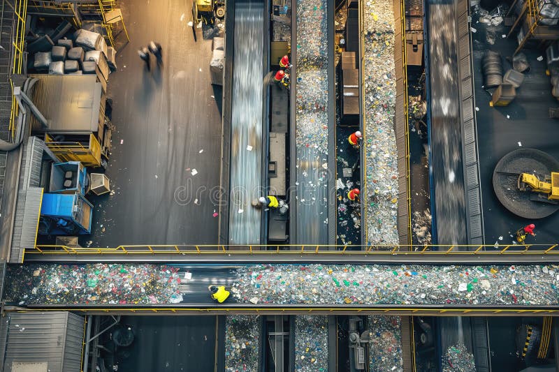 Overhead View of Workers and Machinery at a Waste Sorting Facility ...