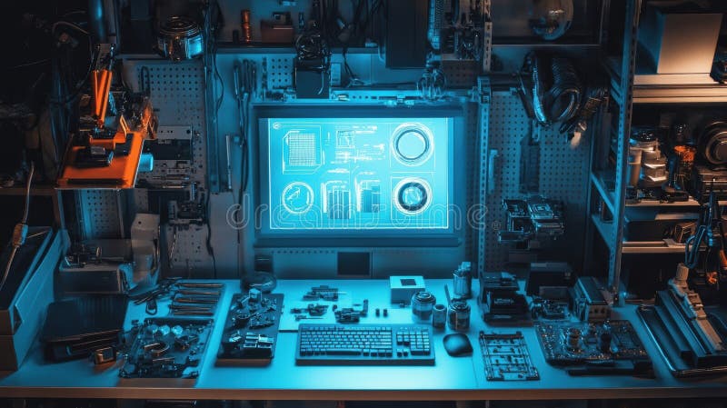 Overhead View of a Workstation Table Cluttered with Physical Parts and ...