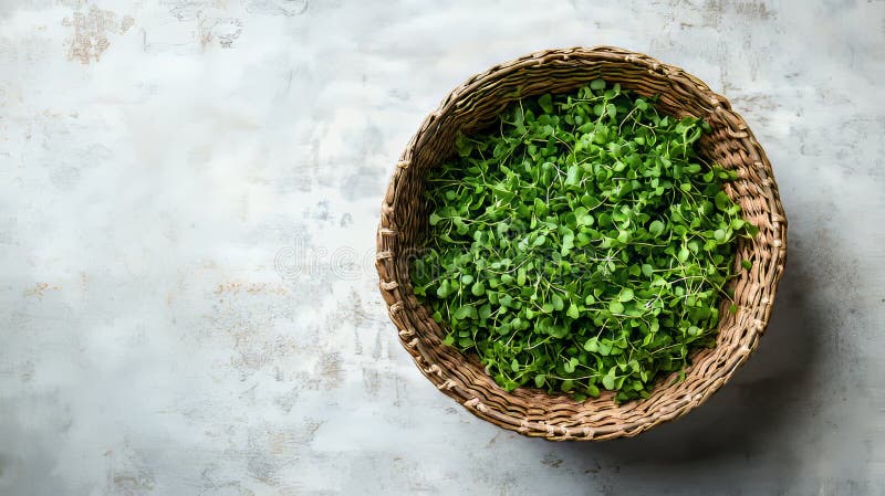 Overhead View, Woven Basket Filled with Fresh Microgreens, Natural ...
