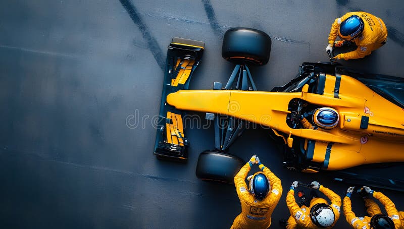 Overhead View of a Yellow Formula Race Car Being Serviced by a Pit Crew ...