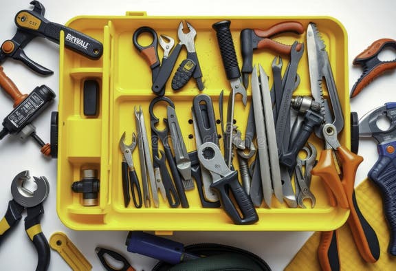 Overhead View of Yellow Toolbox Filled with Various Tools on White ...