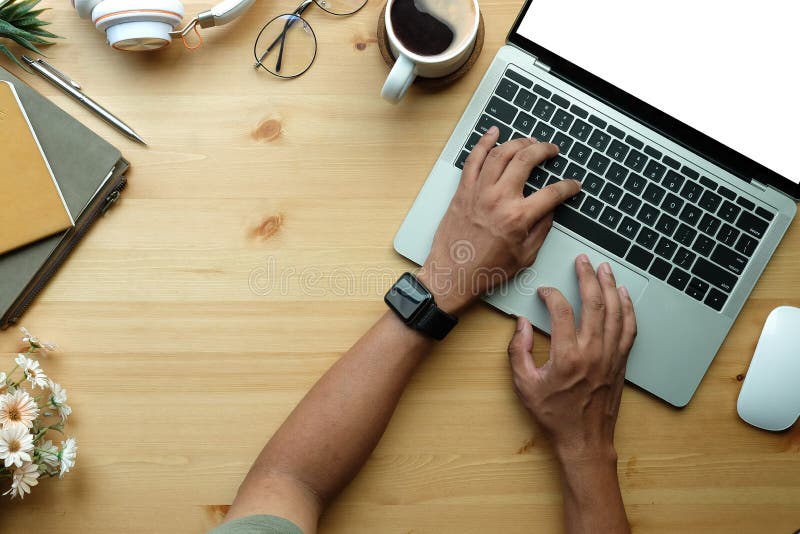 Overhead View Young Man Working with Laptop Computer Stock Photo ...