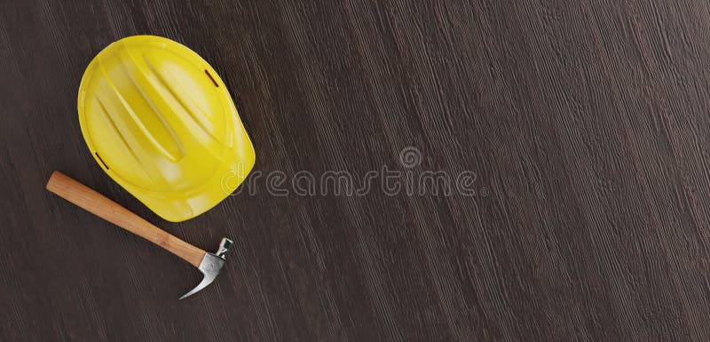Overhead of Yellow Hard Hat and Hammer on a Wood Surface with Room for ...