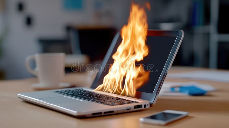 Overheated Laptop Erupts in Flames on Desk. Stock Illustration ...