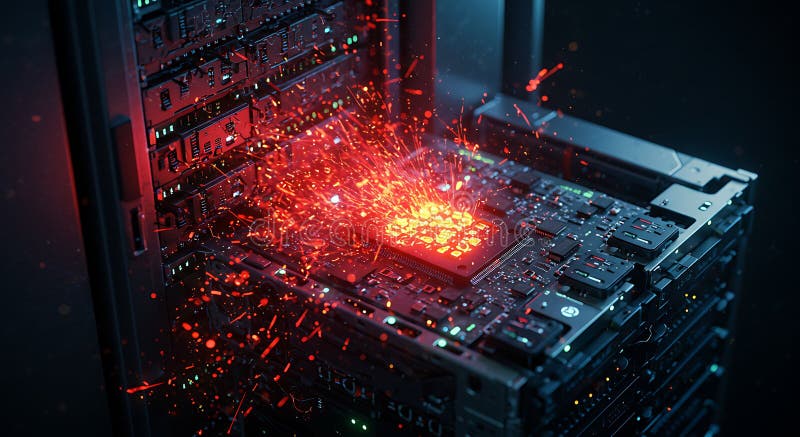 Overheating or Damaged Server Hardware with Red Sparks Stock ...