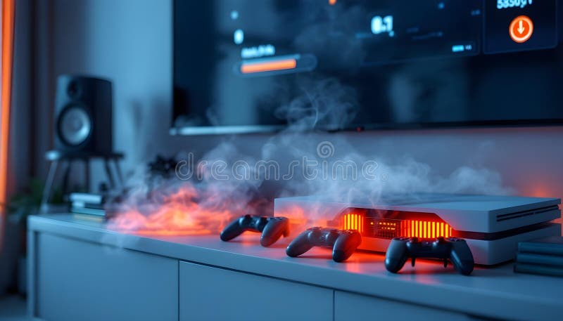 Overheating Gaming Console: a Dramatic Scene of Smoke and Red Lights ...