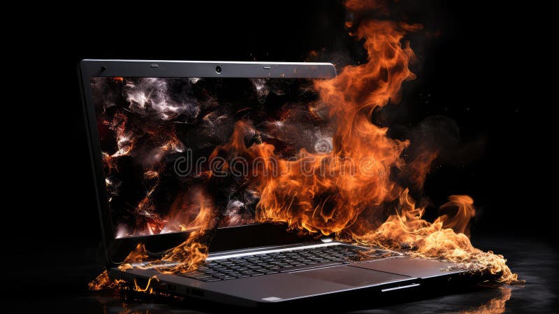 Overheating laptop fire stock illustration. Illustration of smoke ...