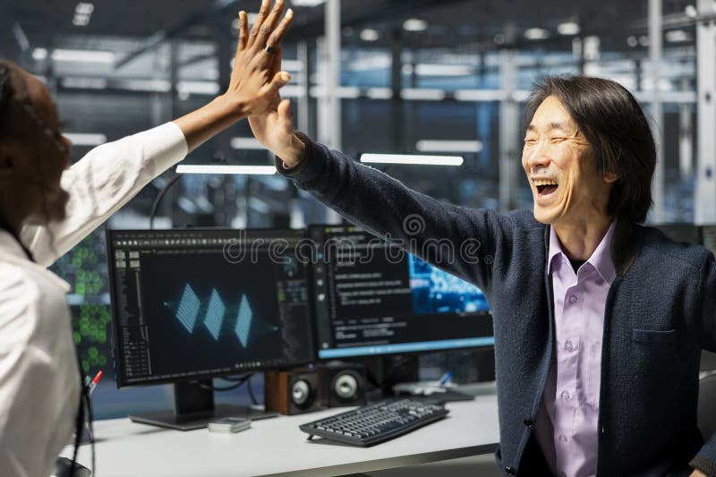 Overjoyed Engineers in Data Center Celebrate Installing Servers with AI ...