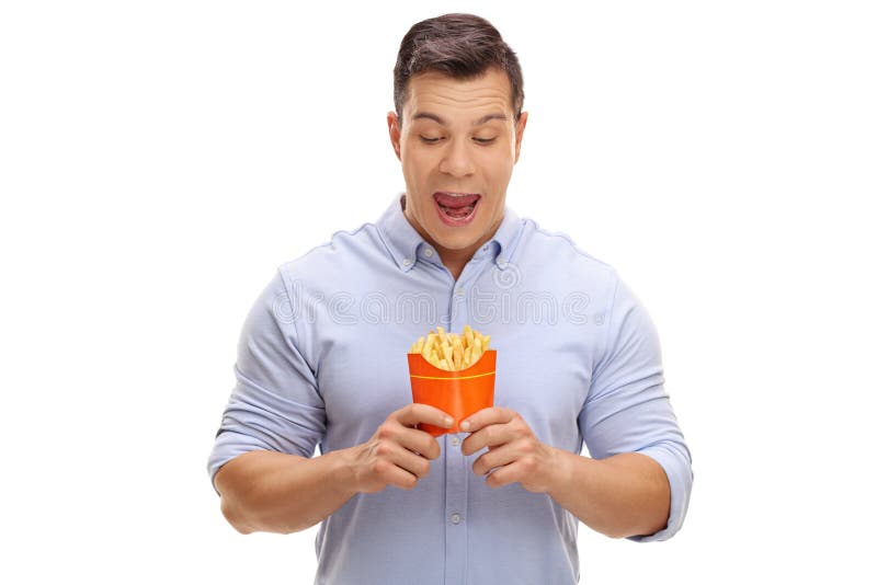Overjoyed Young Man Looking at a Bag of Fries Stock Image - Image of ...