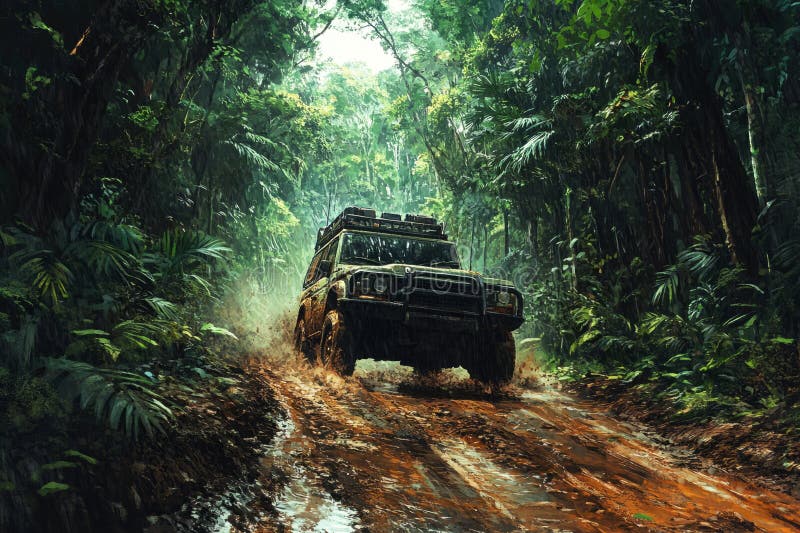 An Overland Expedition through a Dense Forest Features a Vehicle ...