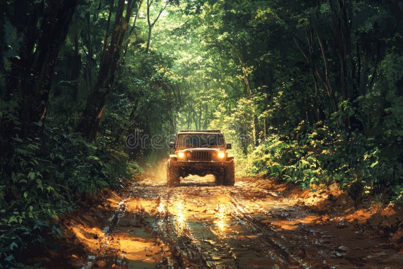 An Overland Expedition through a Dense Forest Features a Vehicle ...