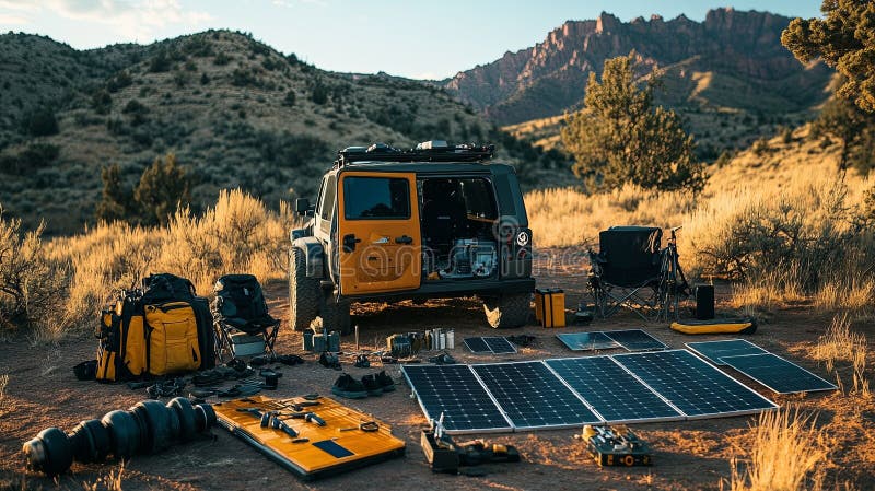 Overlanding Basecamp with Solar Panels, Tools, and Gear Laid Out, Self ...