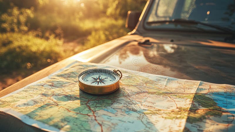 Overlanding Map and Compass Laid on Vehicle Hood, Sunlight . Stock ...