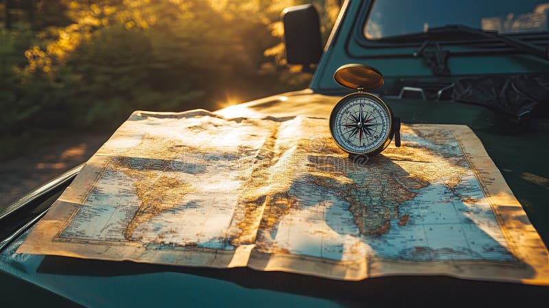 Overlanding Map and Compass Laid on Vehicle Hood, Sunlight . Stock ...
