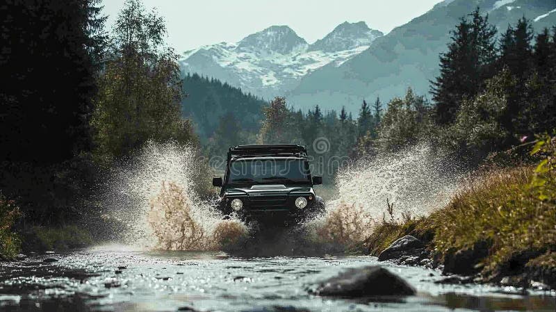 Overlanding SUV Splashing through Mountain Creek, Dynamic Action ...