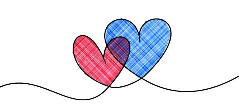 Overlapping Red and Blue Hearts with Black Line Stock Vector ...