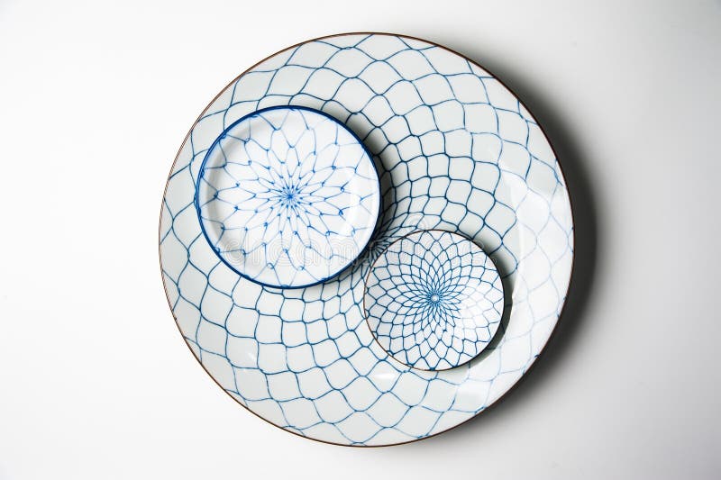 Overlapping of Three Porcelain Plate with Blue Pattern Line Stock Photo ...